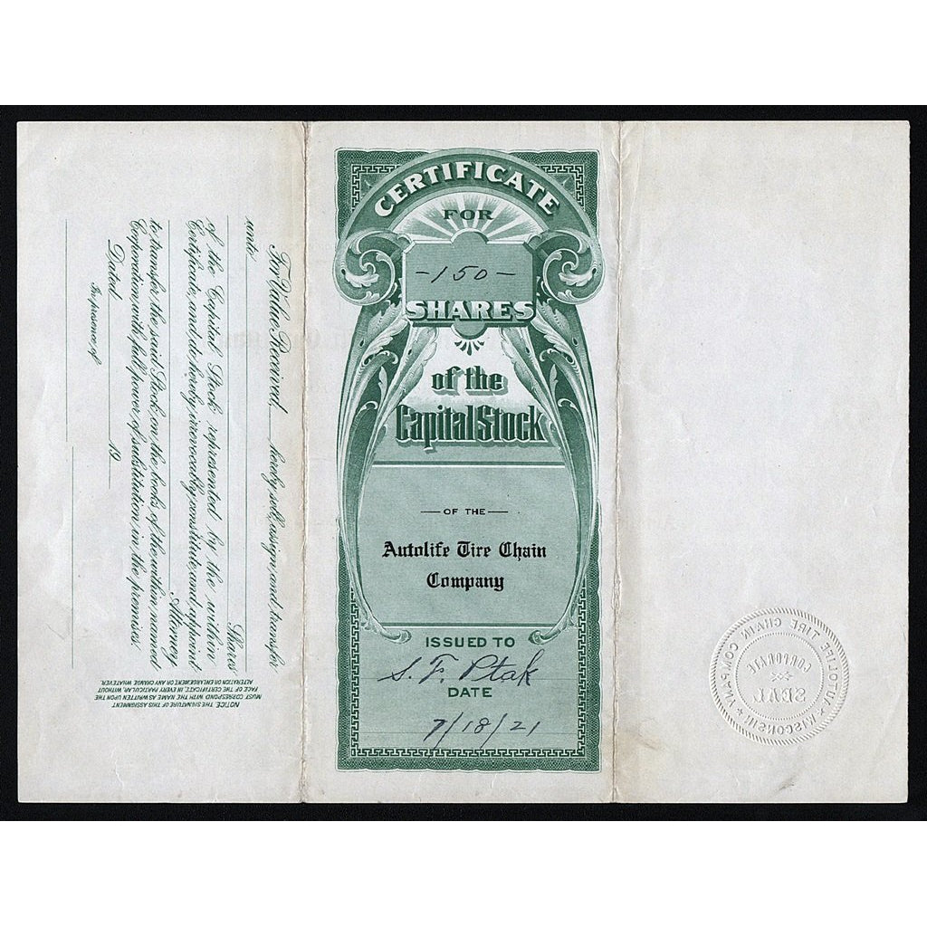 Autolife Tire Chain Company Wisconsin Stock Certificate – Artonpapers